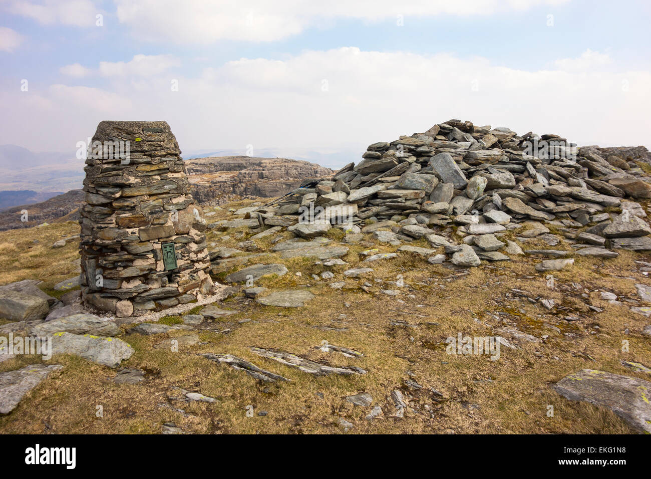The trig point at the top of Moel Ysgyfarnogod in the Rhinogs North ...