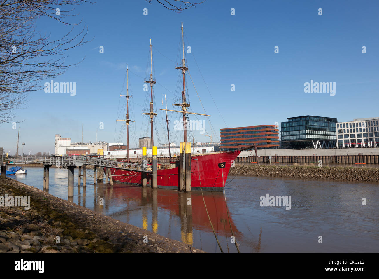 Historic sailing ship anchoring on the Weser river in Bremen, Germany ...
