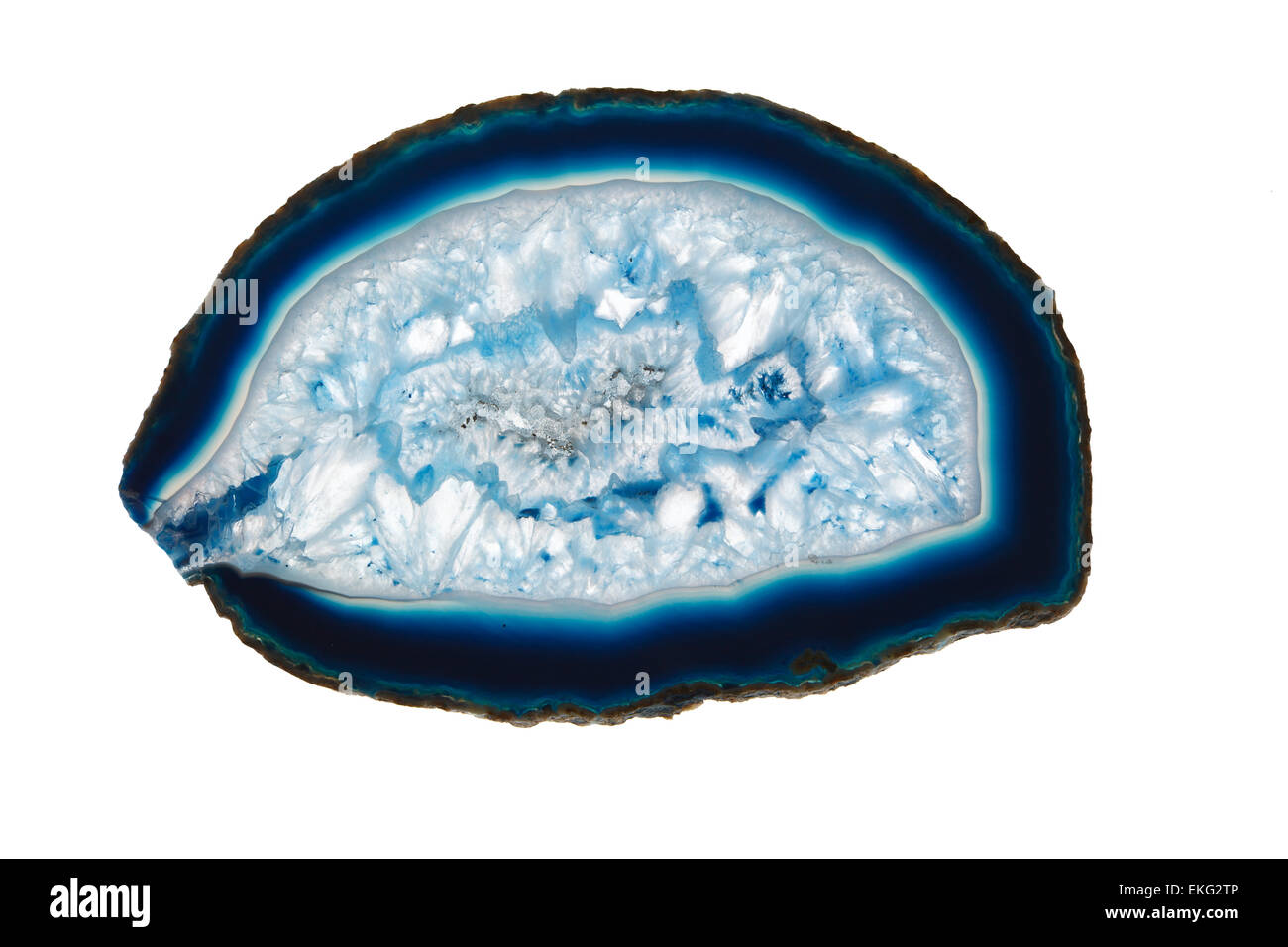 Blue agate slice cross section mineral backlit isolated on white ...