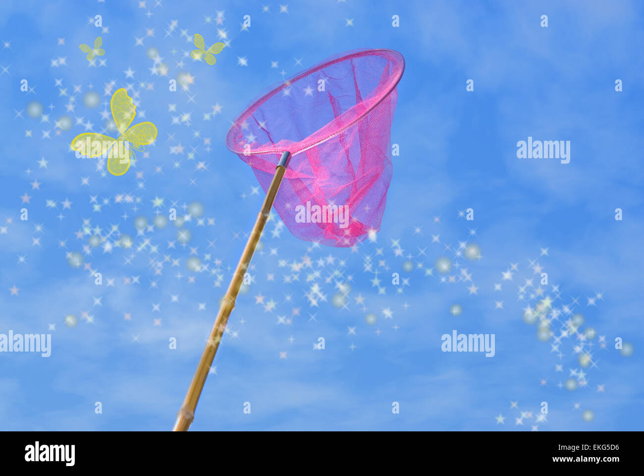 Pink butterfly net and magic yellow butterflies over blue sky Stock ...