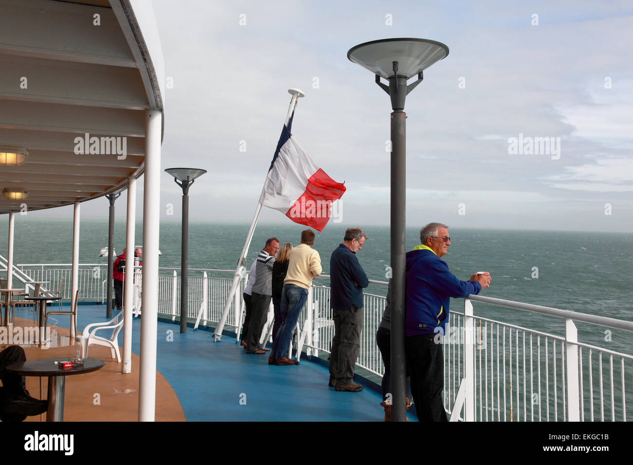 Passengers looking over the side of Brittany ferry Cap Finistere in the ...