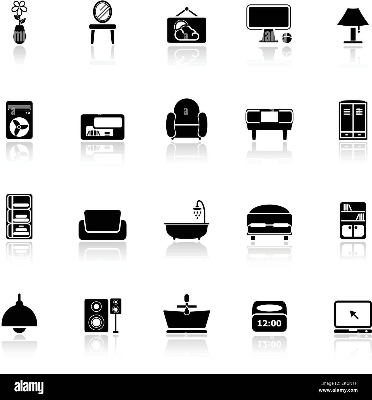 Home furniture icons with reflect on white background, stock vector ...