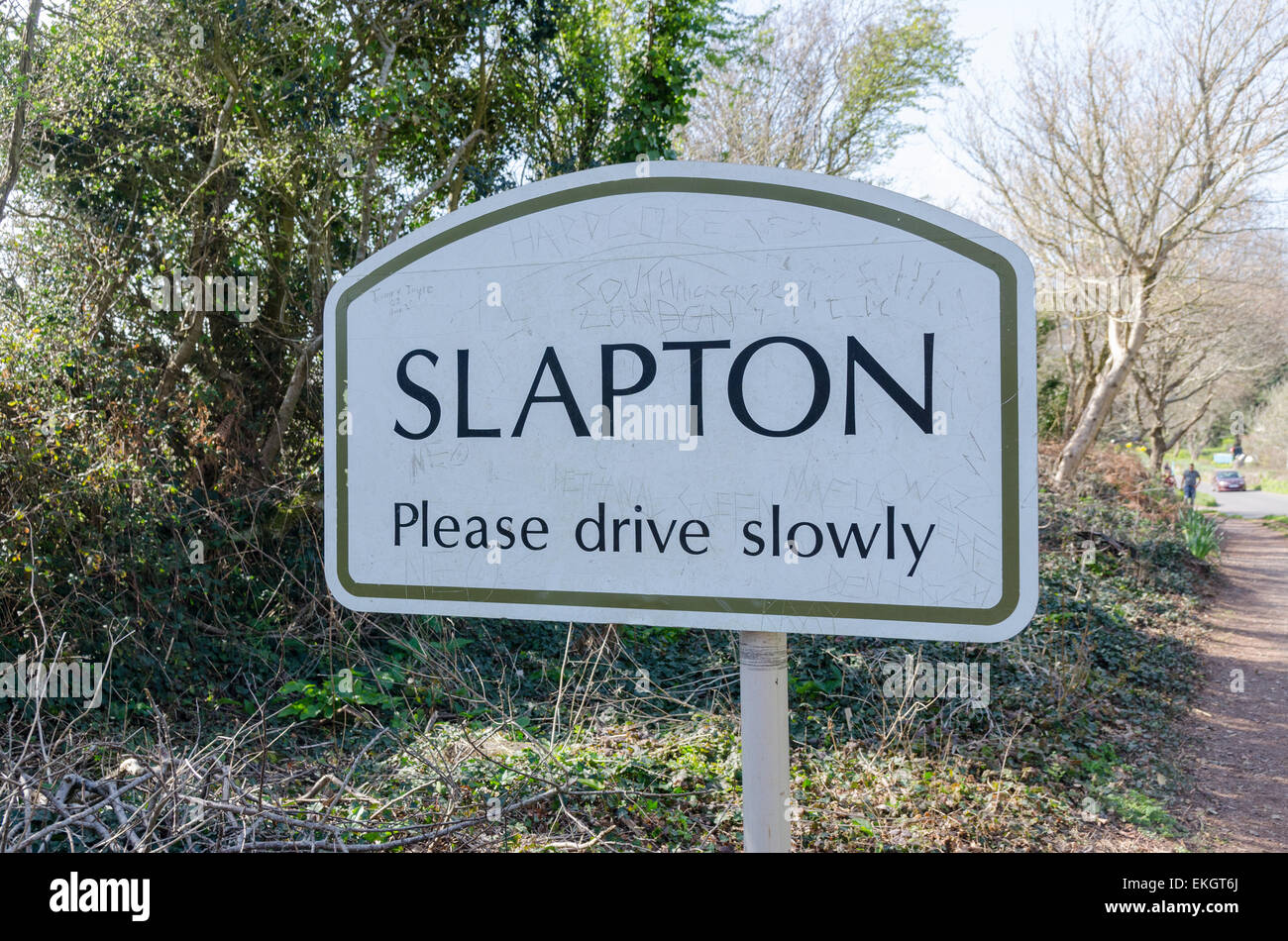 Sign at the entrance to the South Devon village of Slapton Stock Photo ...