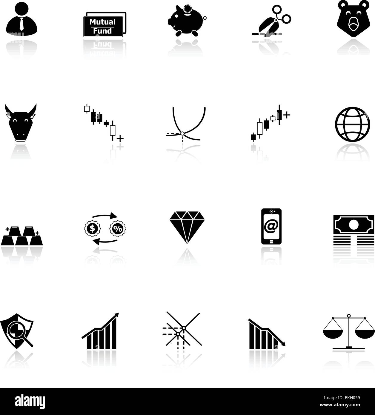 Stock market icons with reflect on white background, stock vector Stock ...