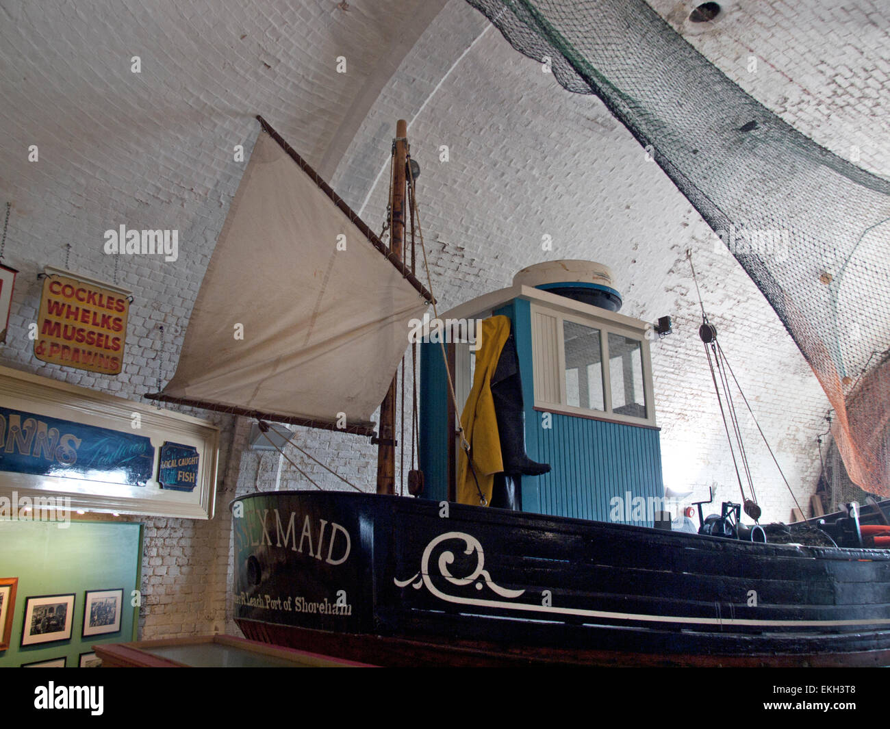 A fishing boat on display in the Brighton Fishing Museum Stock Photo ...