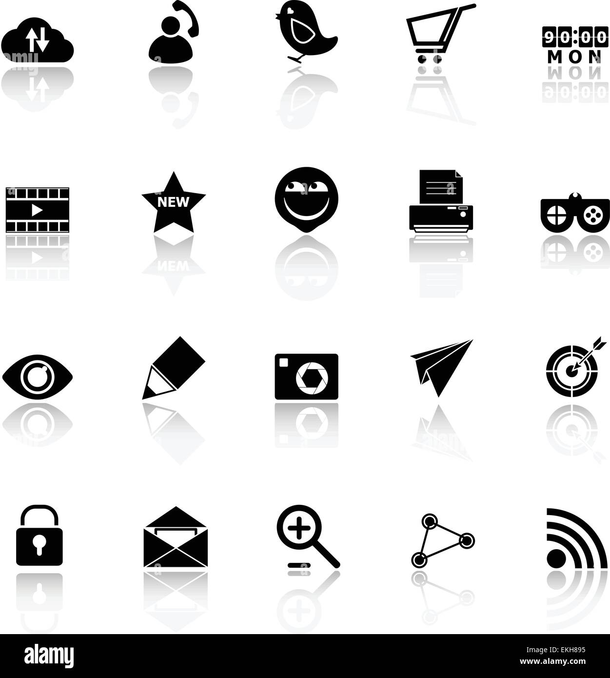 Internet useful icons with reflect on white background, stock vector ...