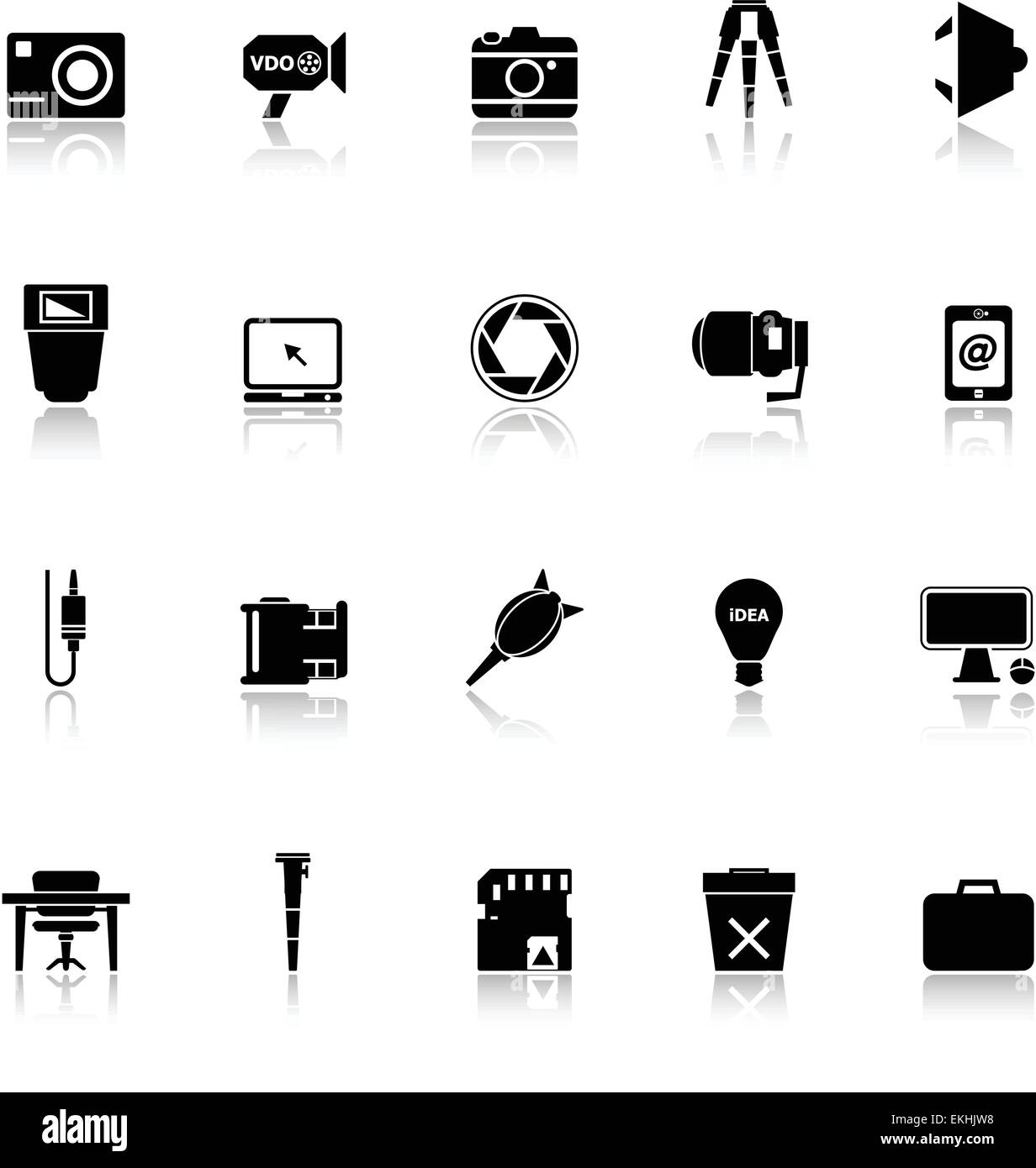 Photography related item icons with reflect on white background, stock ...