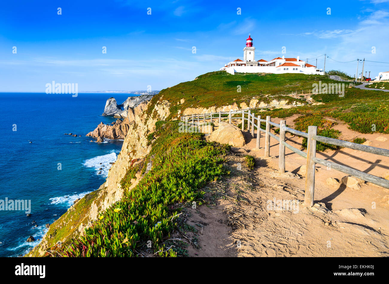 Portugal. Cabo da Roca and the lighthouse over Atlantic Ocean, the most ...