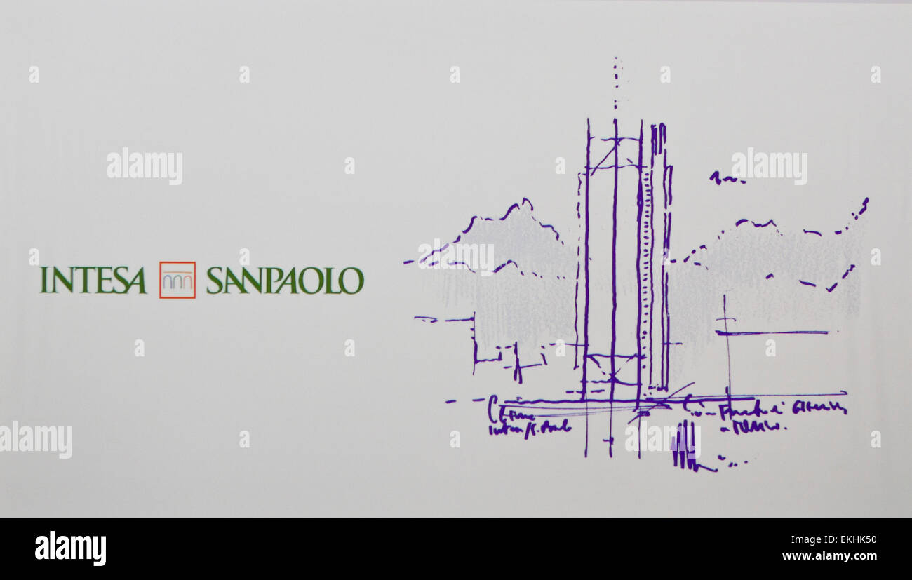 Torino, Italy. 10th April 2015. The Intesa Sanpaolo bank logo and a ...