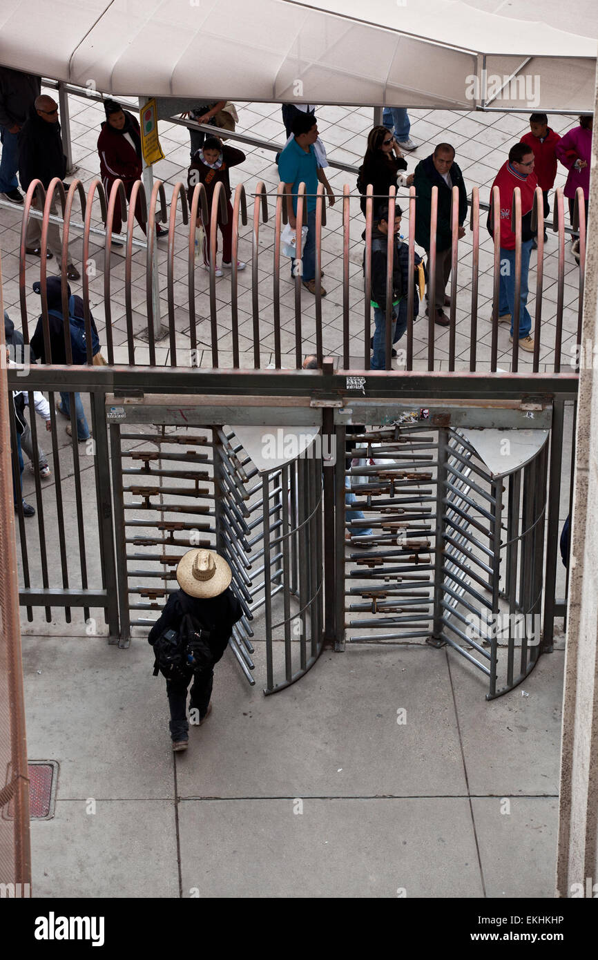 Pedestrian traffic at the Calexico Port of Entry, a major crossing between the U.S. and Mexico ...