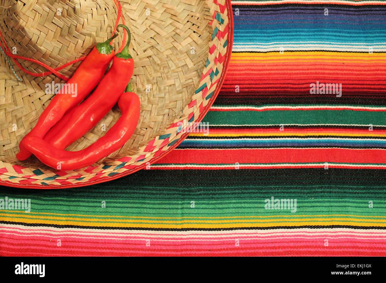 Mexican fiesta poncho chillis sombrero background in bright colours ...