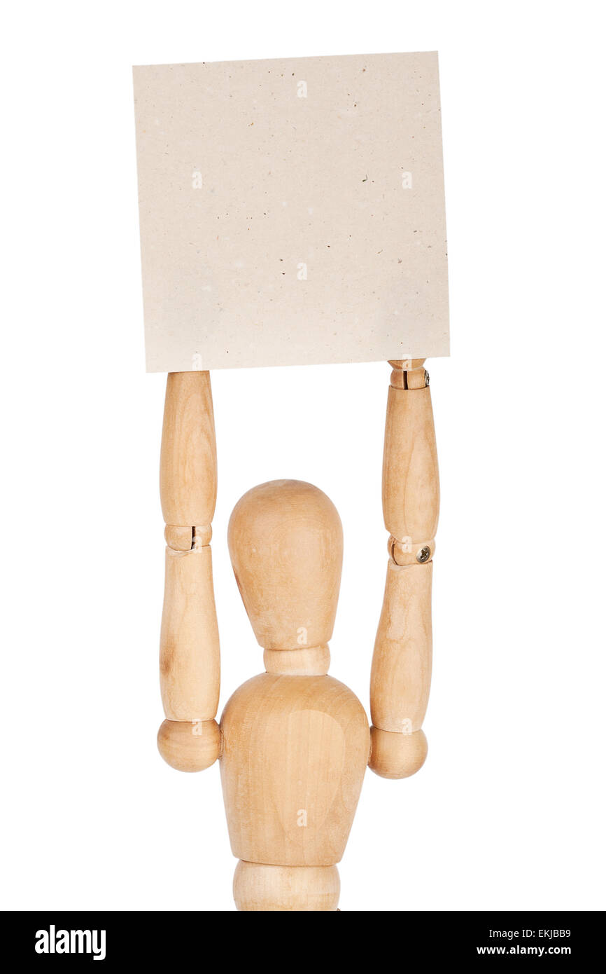 Wooden dummy holding handmade paper isolated on a white background ...