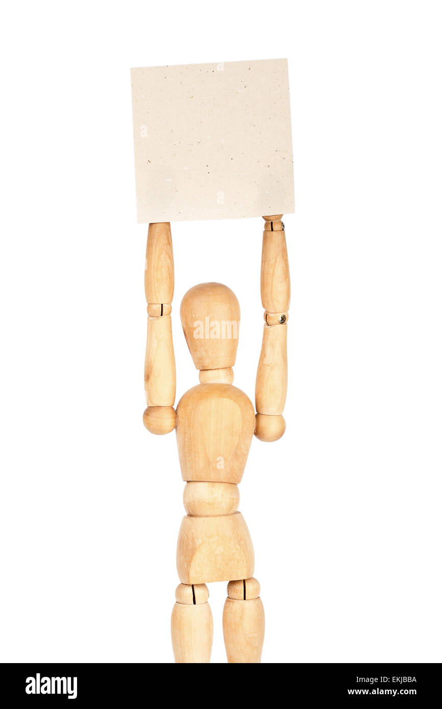 Wooden dummy holding handmade paper isolated on a white background ...