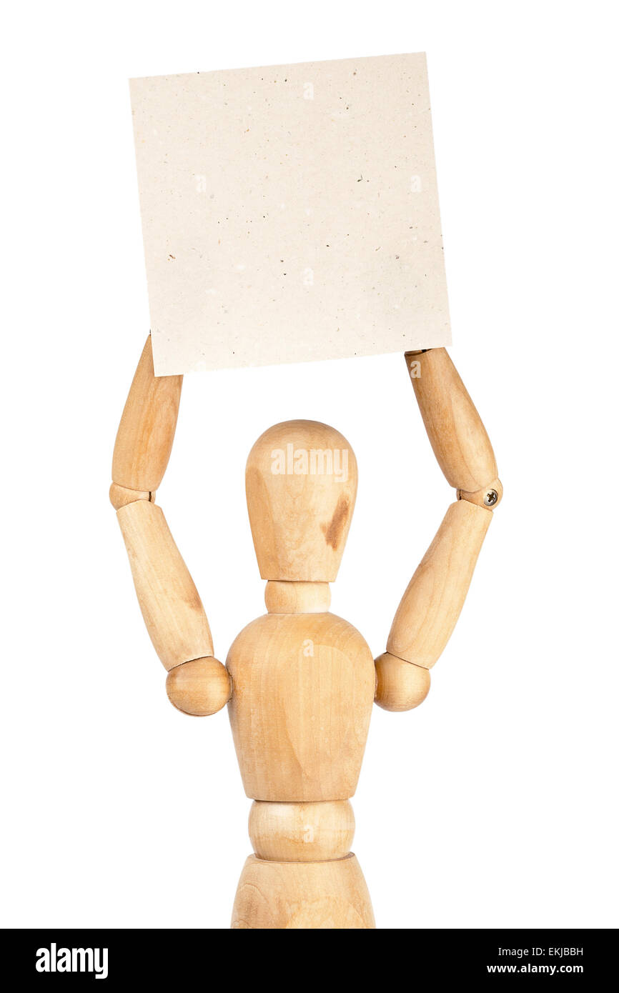 Wooden dummy holding handmade paper isolated on a white background ...
