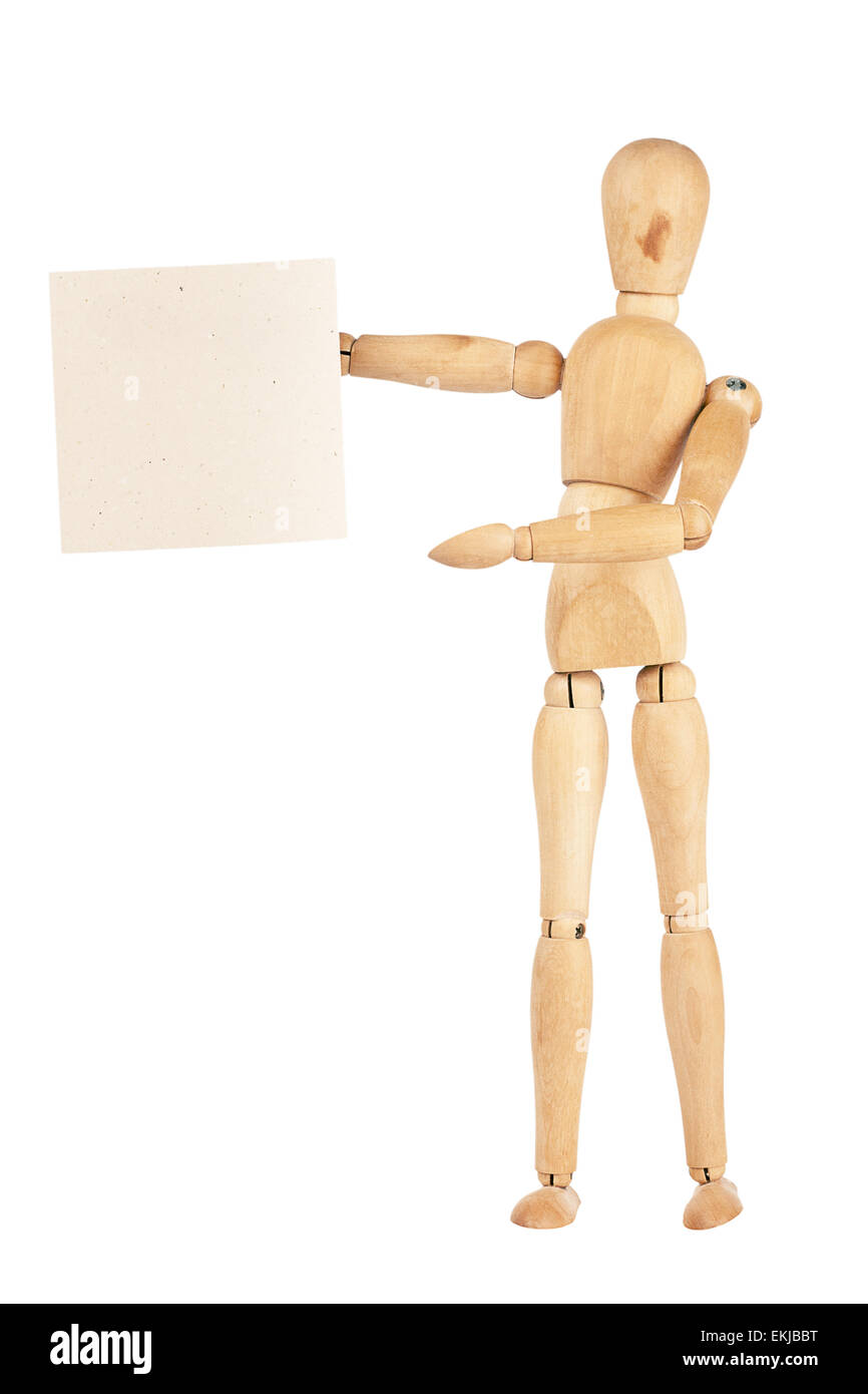 Wooden dummy holding handmade paper isolated on a white background ...