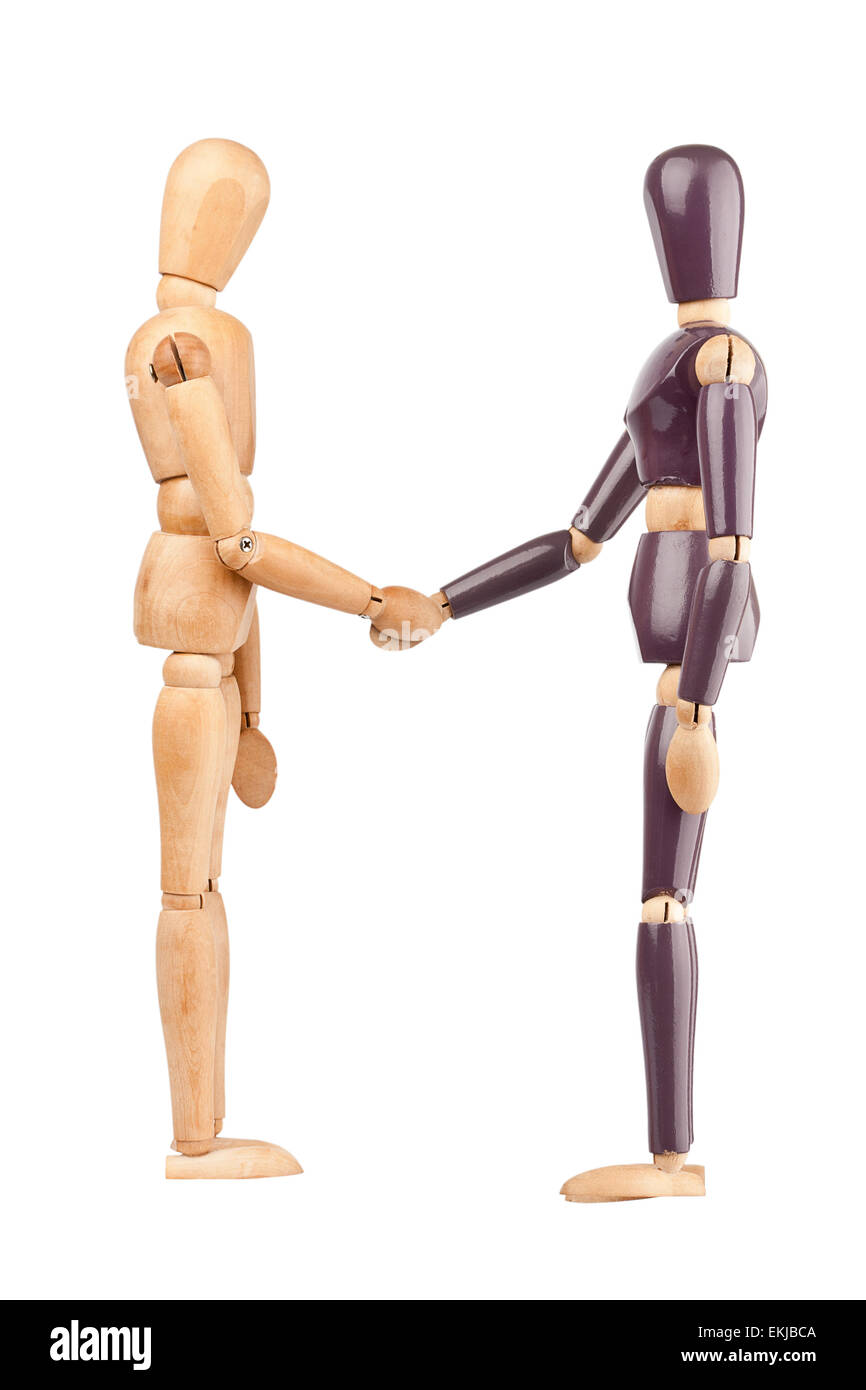 Wooden dummies shaking hands isolated on a white background Stock Photo ...