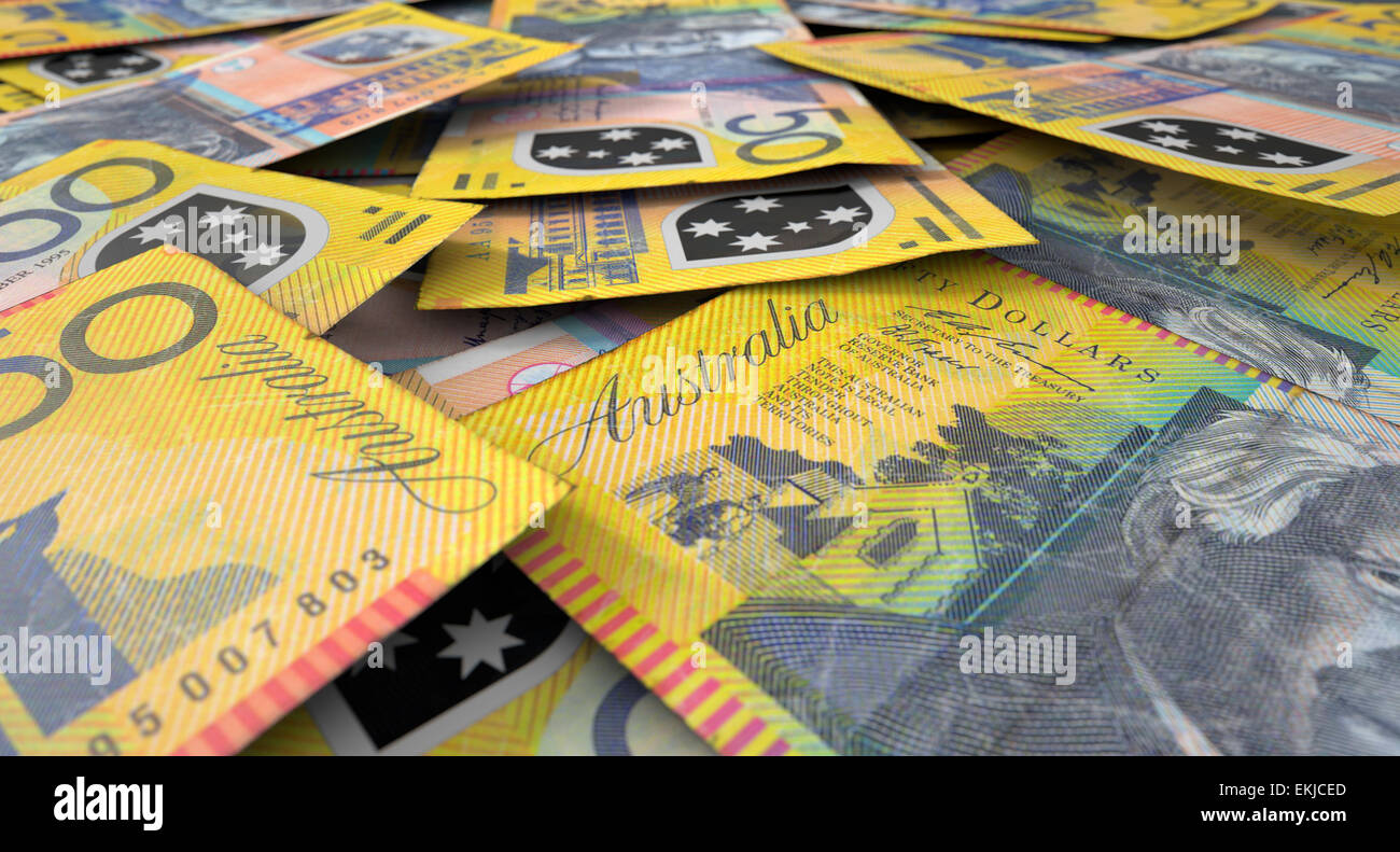 A macro close-up view of a messy scattered pile of australian dollar ...