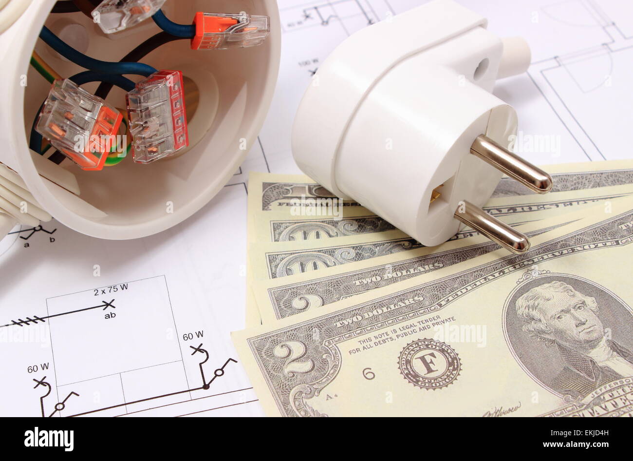 Copper wire connections in electrical box, electric plug and money on ...