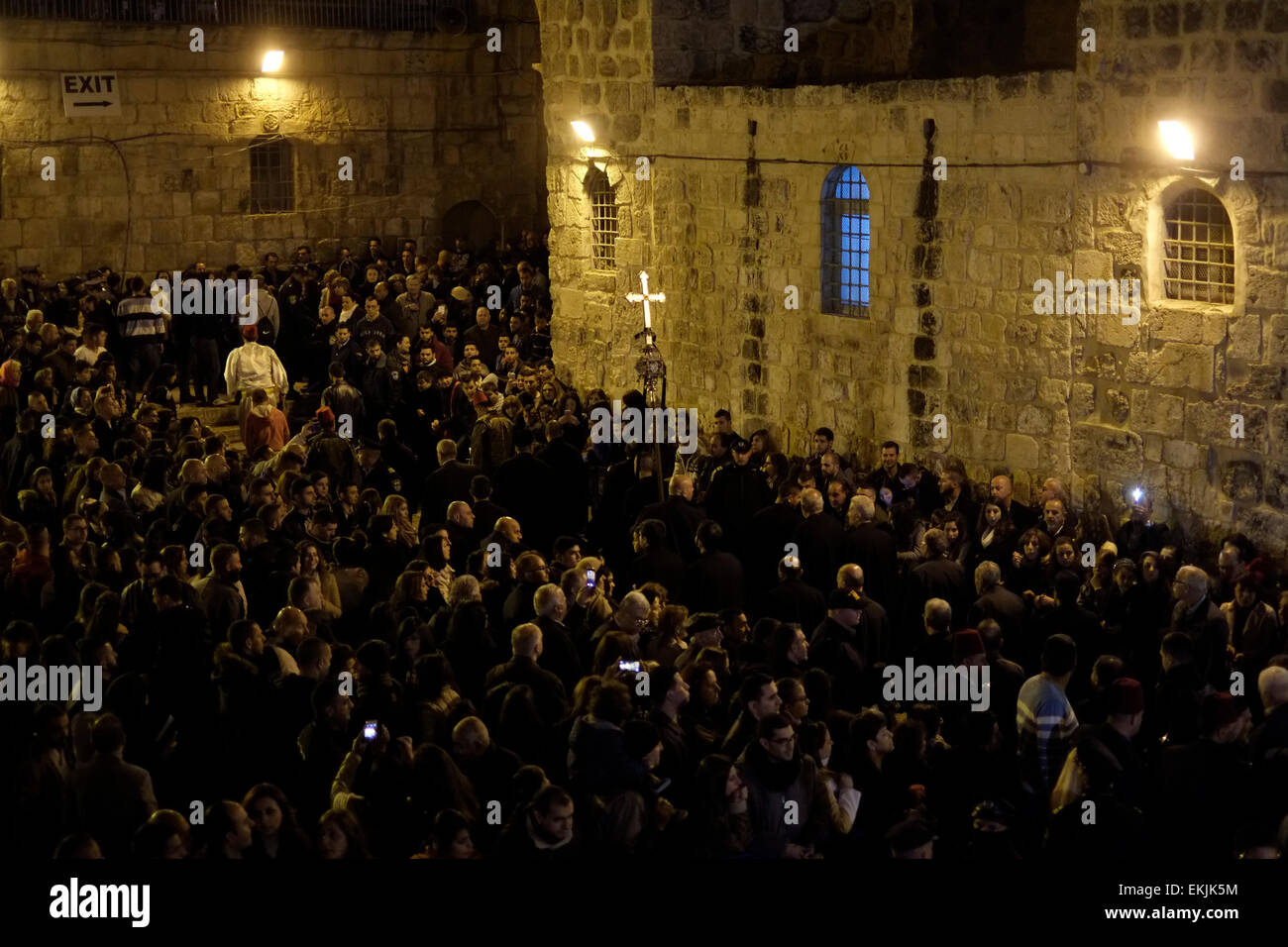 Members of the Arab Orthodox Christian community surrounding the parvis ...