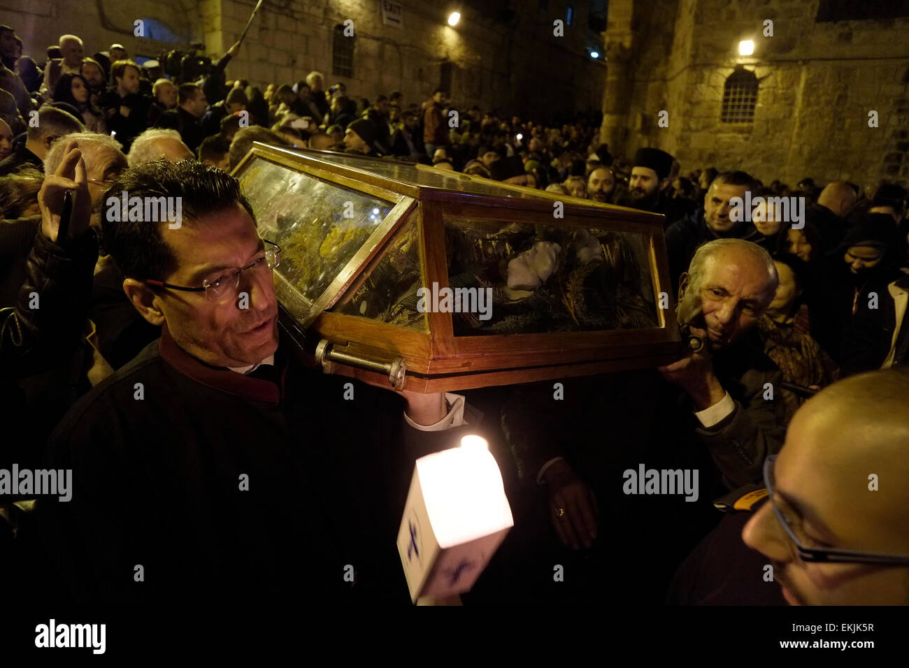Members of the Arab Orthodox Christian community surrounding the parvis ...