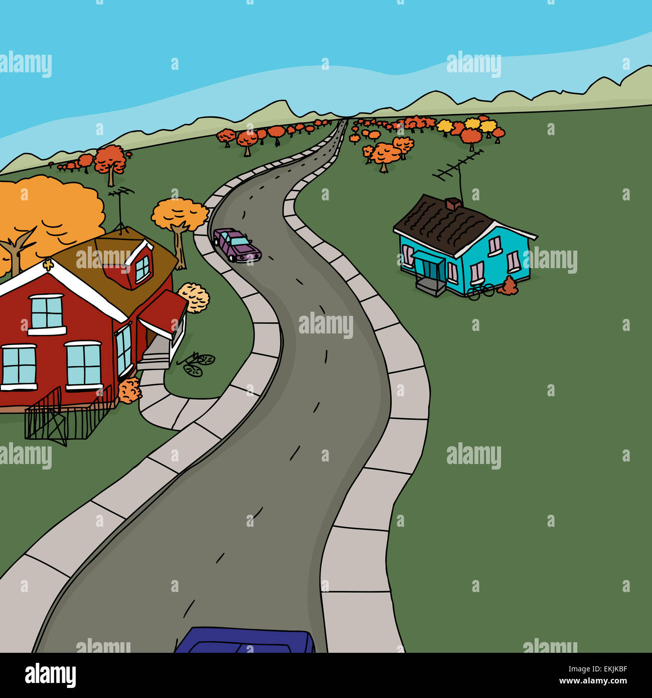 Cartoon rural scene of cars on road near two houses Stock Photo - Alamy