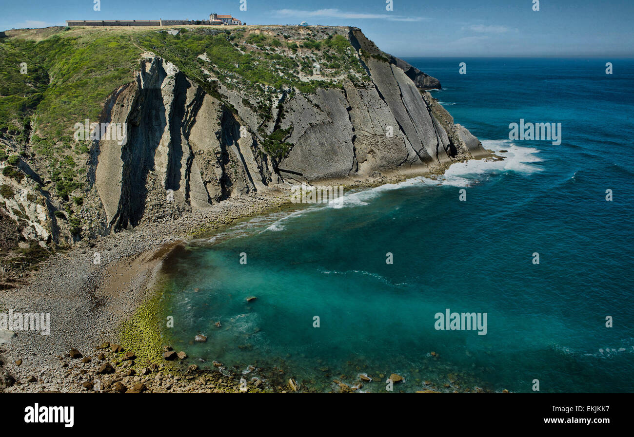 Cabo Espichel, a cape located to the west of Sesimbra, Portugal. Cliffs facing the Atlantic ...