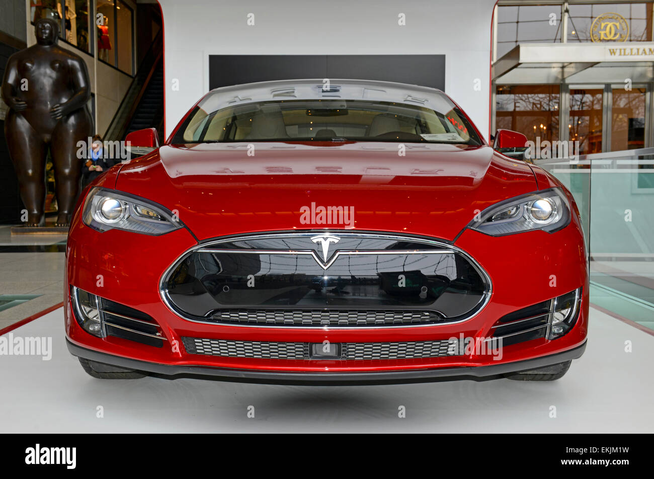 Tesla Motors Model S on display in Manhattan, showcasing the technology ...