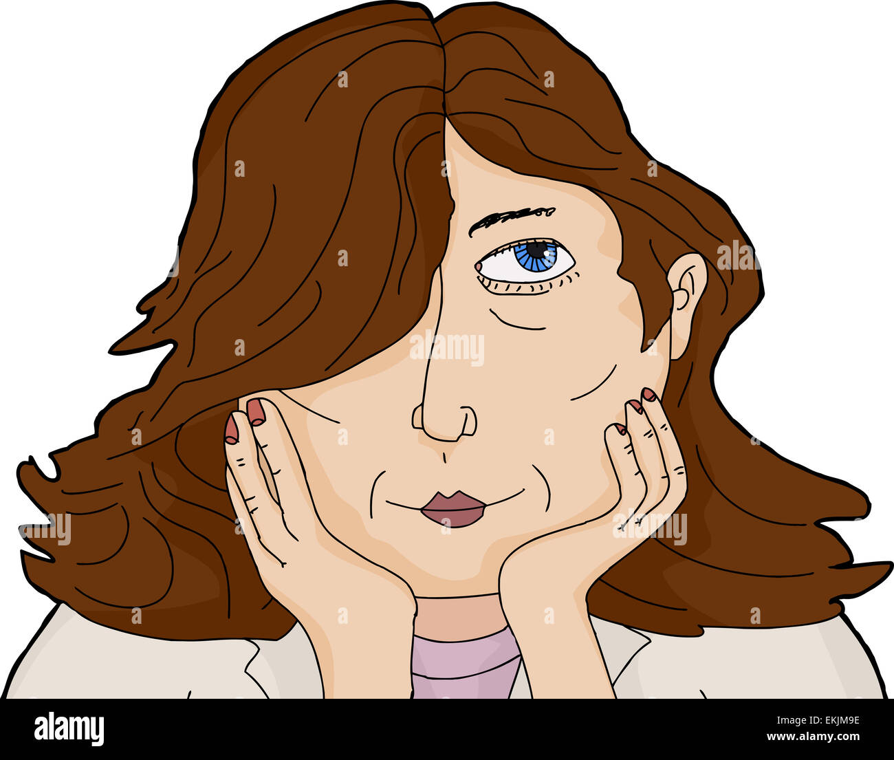 Isolated head of daydreaming lady holding face Stock Photo - Alamy