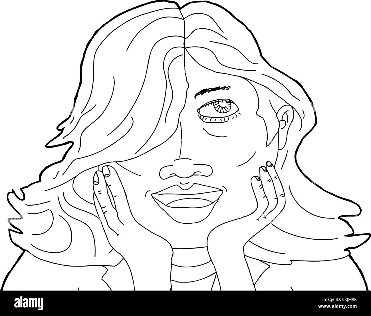 Outline of happy single woman with hands on chin Stock Photo - Alamy