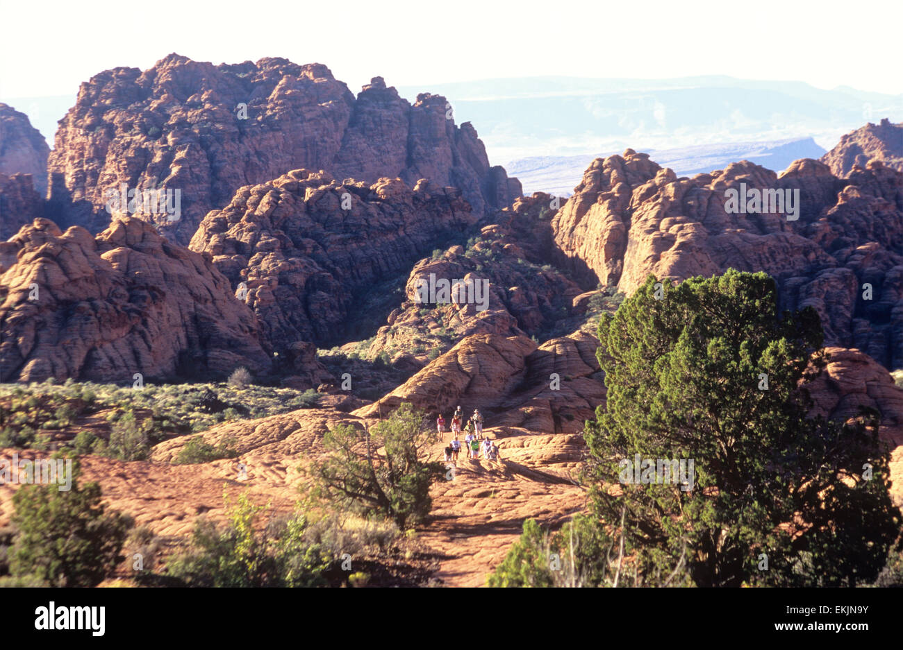 Red Rock formations dwarf hikers at Petrified Sand Dunes, Snow Canyon ...
