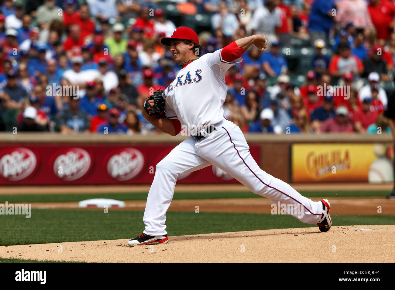 Arlington, TX, USA. 10th Apr, 2015. Texas Rangers starting pitcher ...