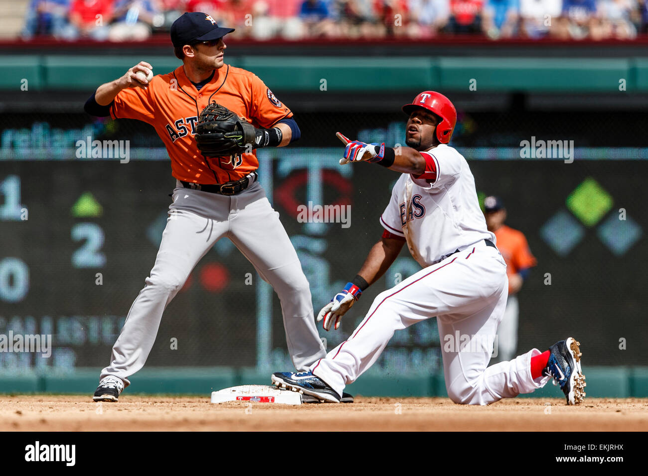Arlington, TX, USA. 10th Apr, 2015. Texas Rangers shortstop Elvis ...
