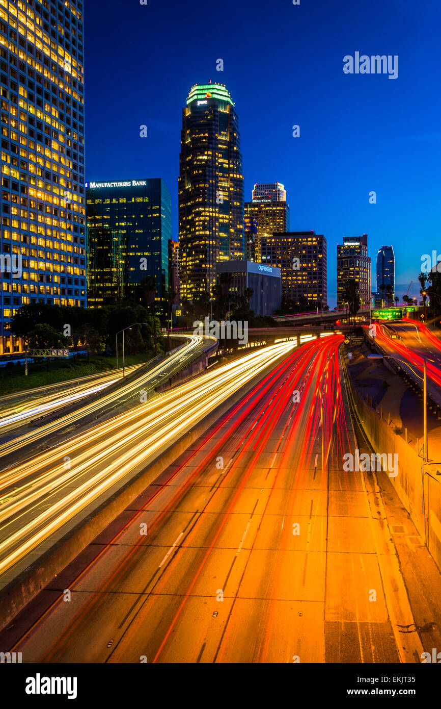 Traffic on the 110 Freeway and the Los Angeles Skyline at night, seen ...