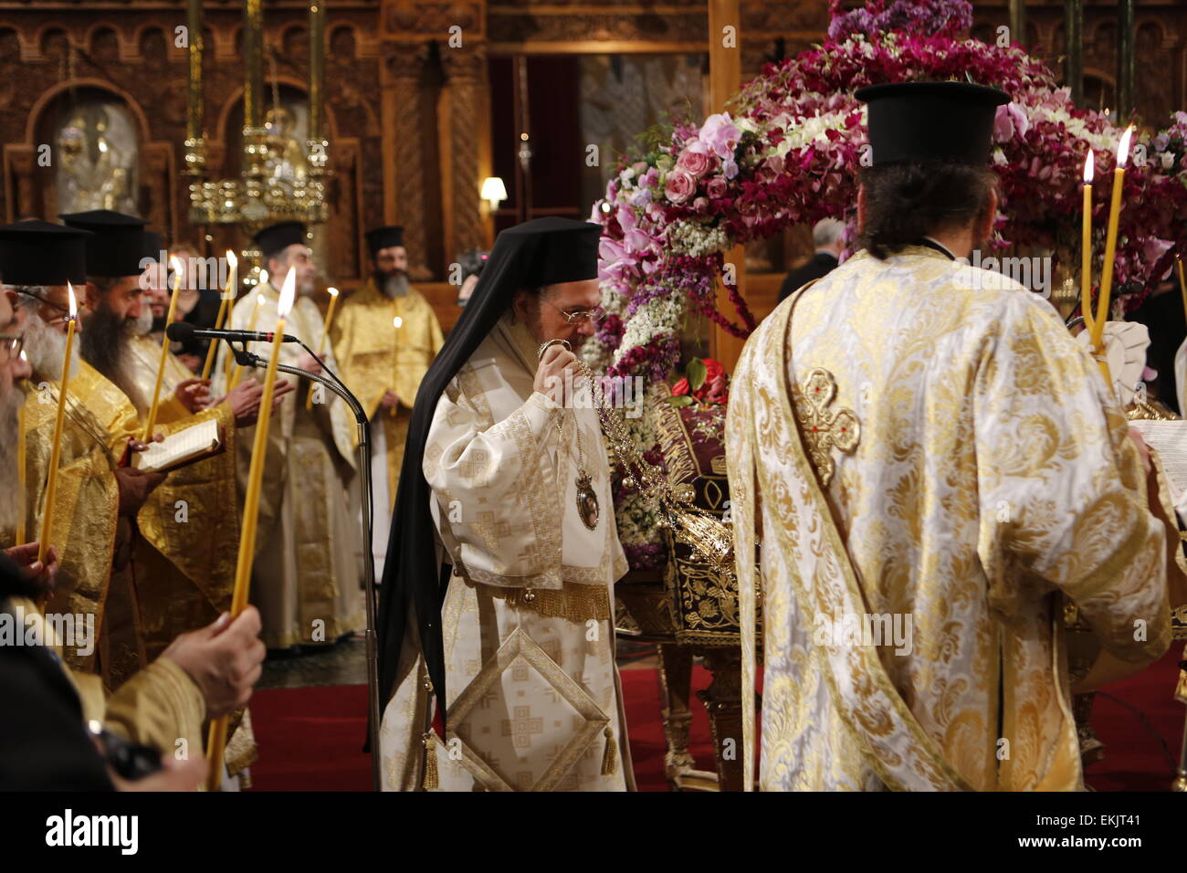 Athens, Greece. 10th Apr, 2015. An Orthodox priest incenses the ...