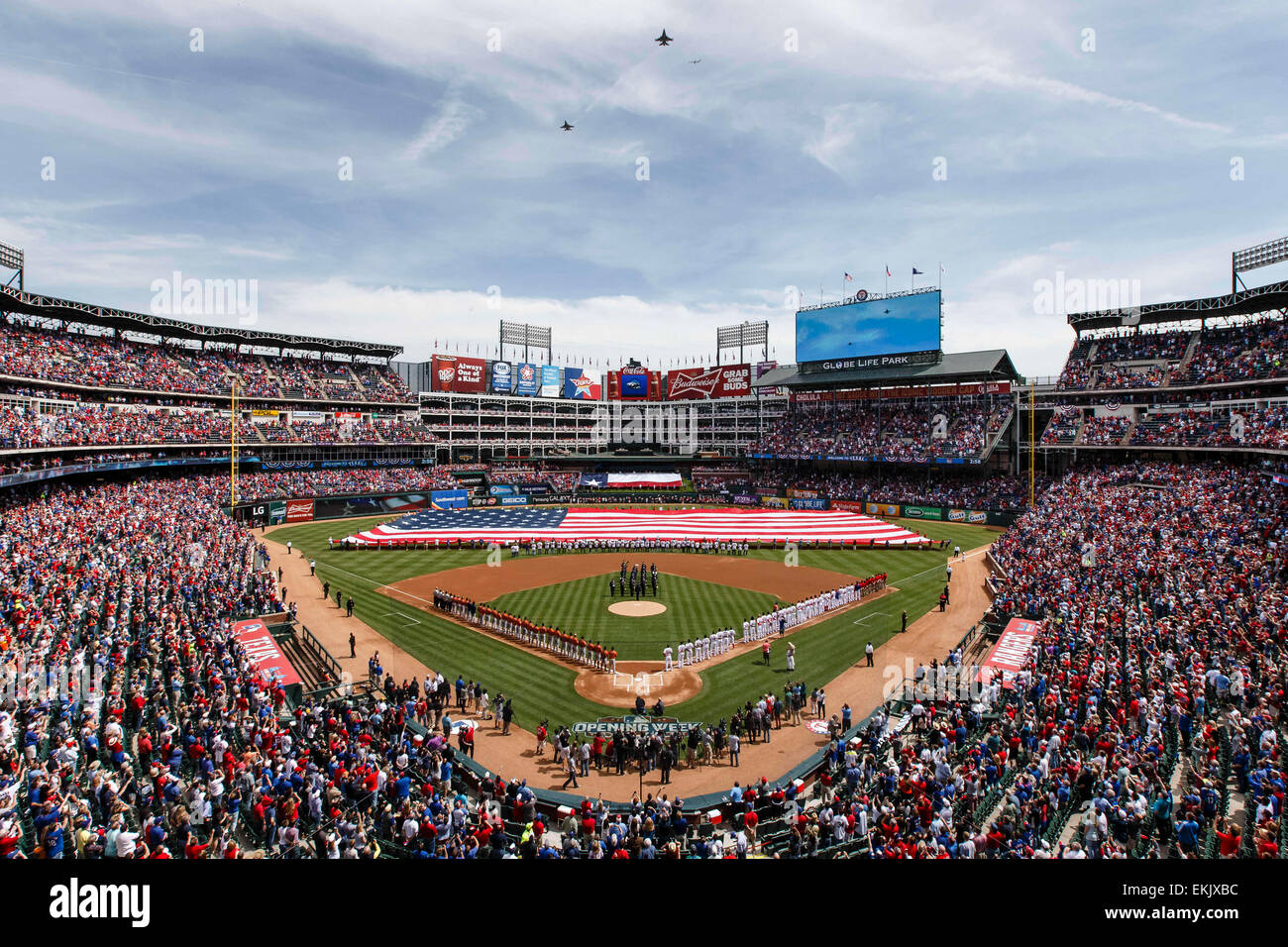 Arlington, TX, USA. 10th Apr, 2015. Fighter jets fly over the stadium ...