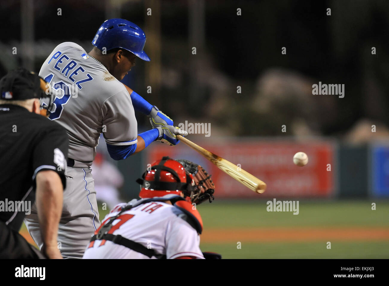 Anaheim, CA. 10th Apr, 2015. Kansas City Royals catcher Salvador Perez ...