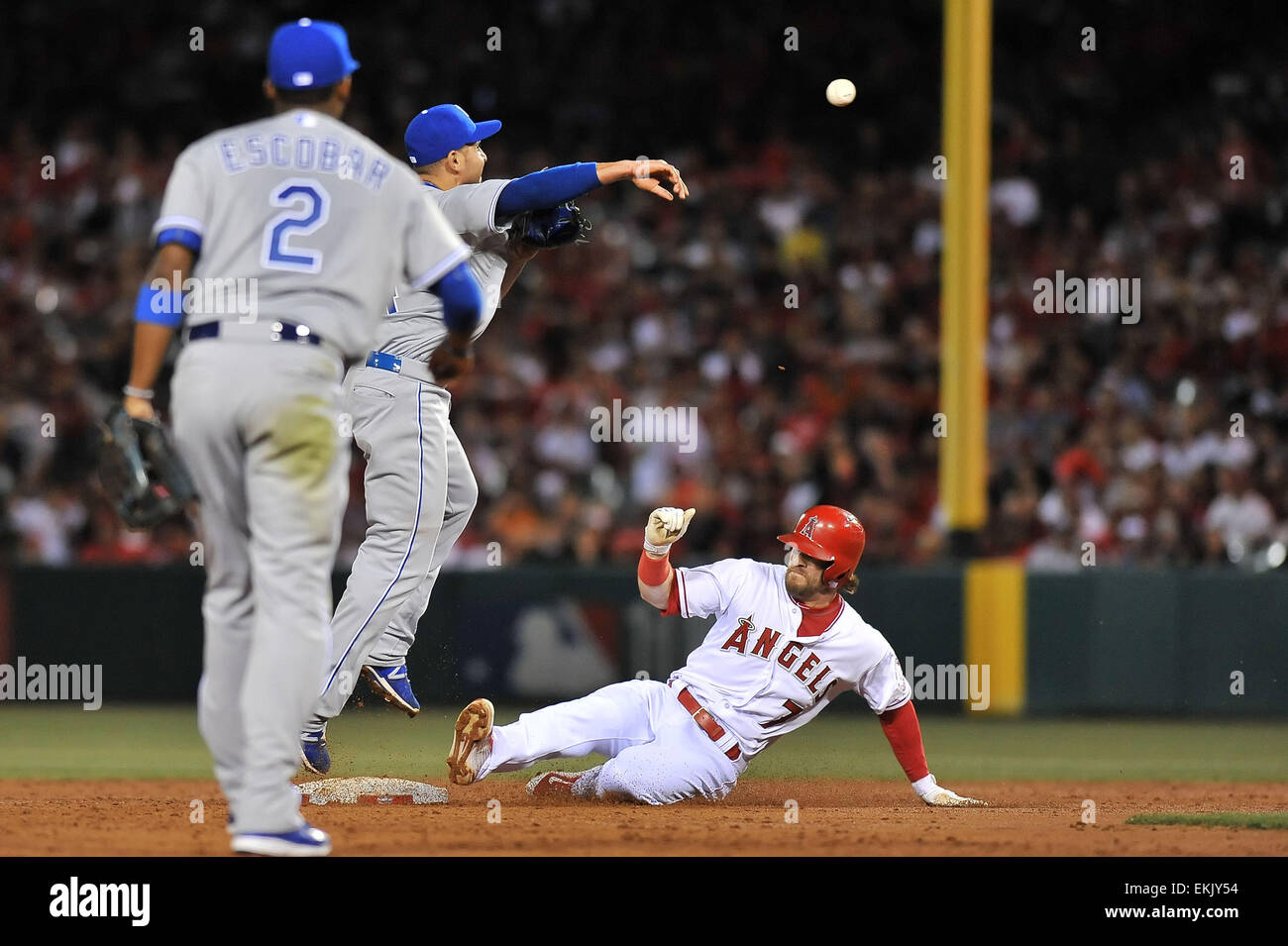 Anaheim, CA. 10th Apr, 2015. Los Angeles Angels right fielder Collin ...