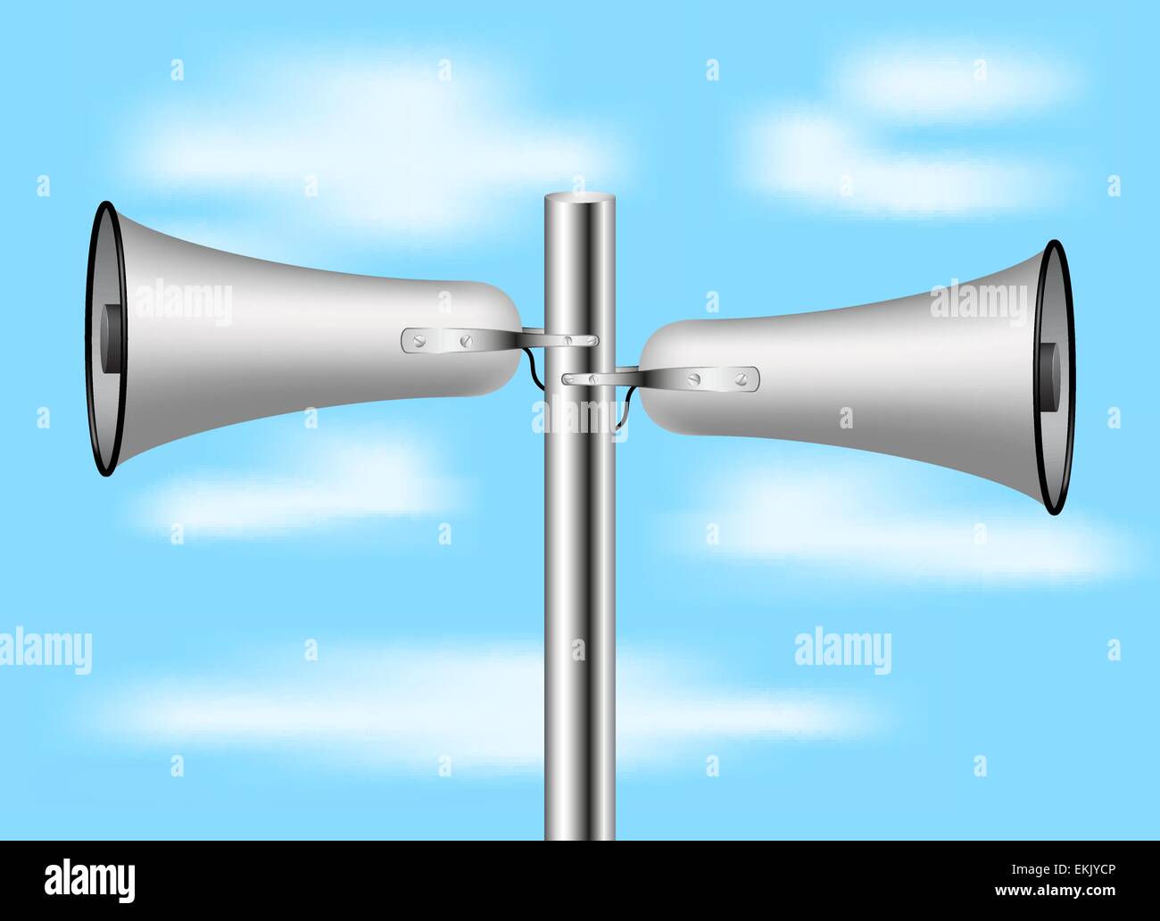 Old loudspeaker system in silver design with blue sky and clouds Stock ...
