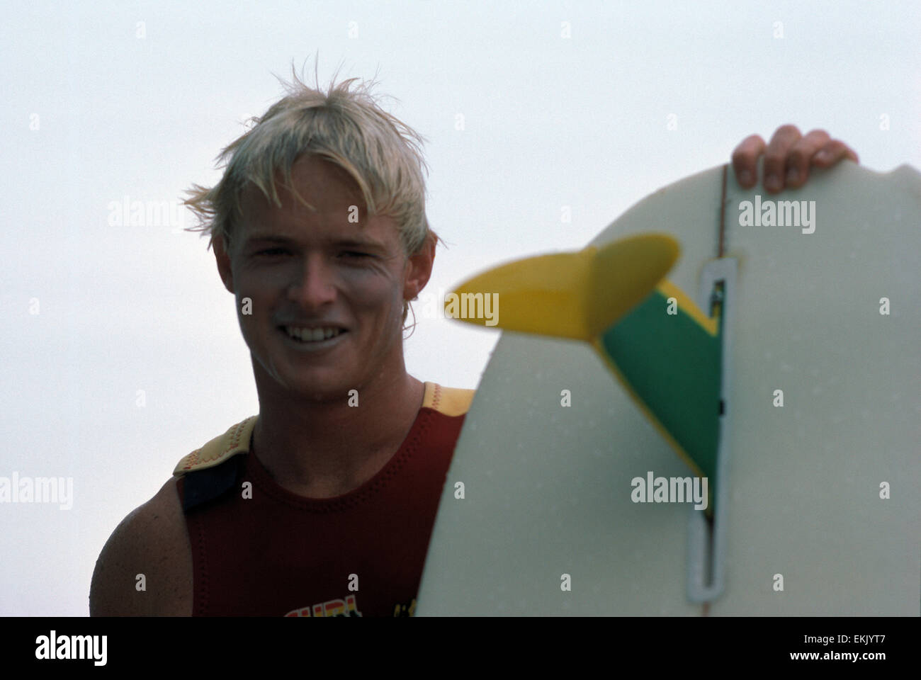 Portrait of surfing champion Cheyne Horan posing with radical fin and ...