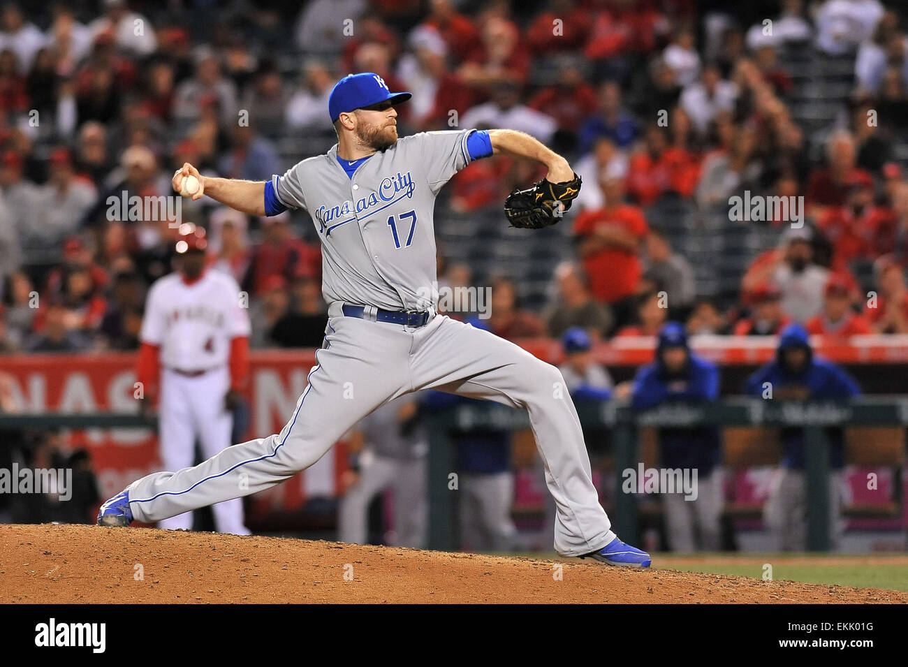 Anaheim, CA. 10th Apr, 2015. Kansas City Royals relief pitcher Wade ...