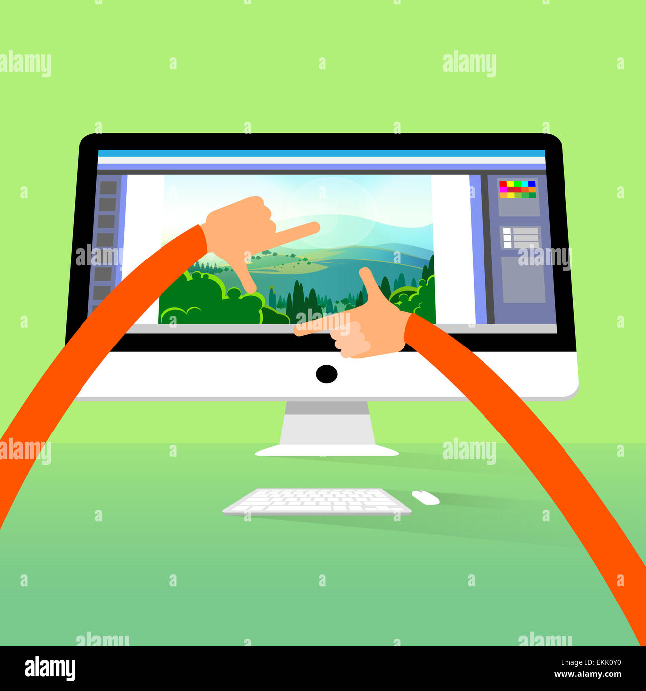 photographer new 5k display desktop computer monitor workspace, hands ...