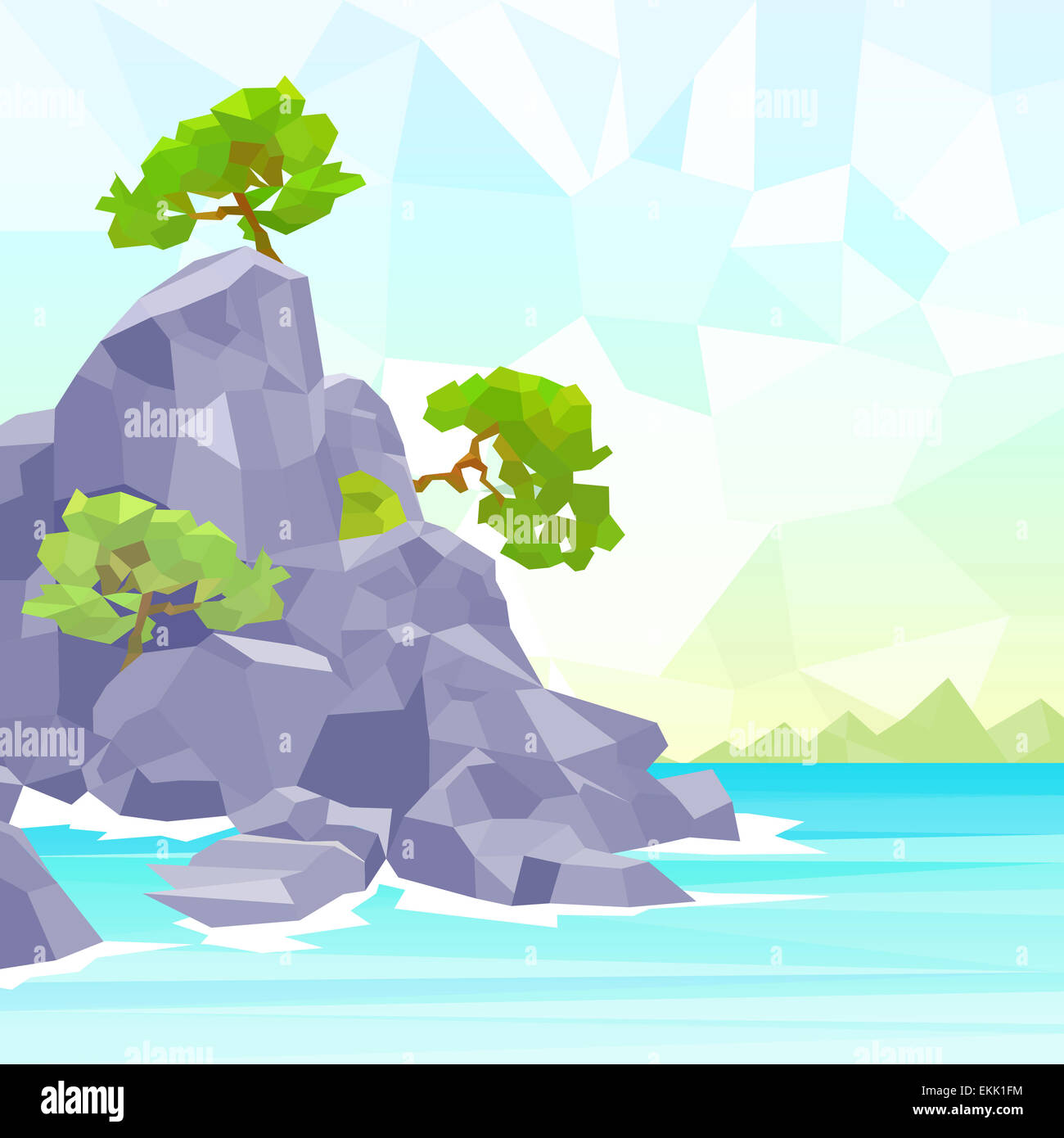 rocks sea shore with tree polygon graphic vector Stock Photo - Alamy