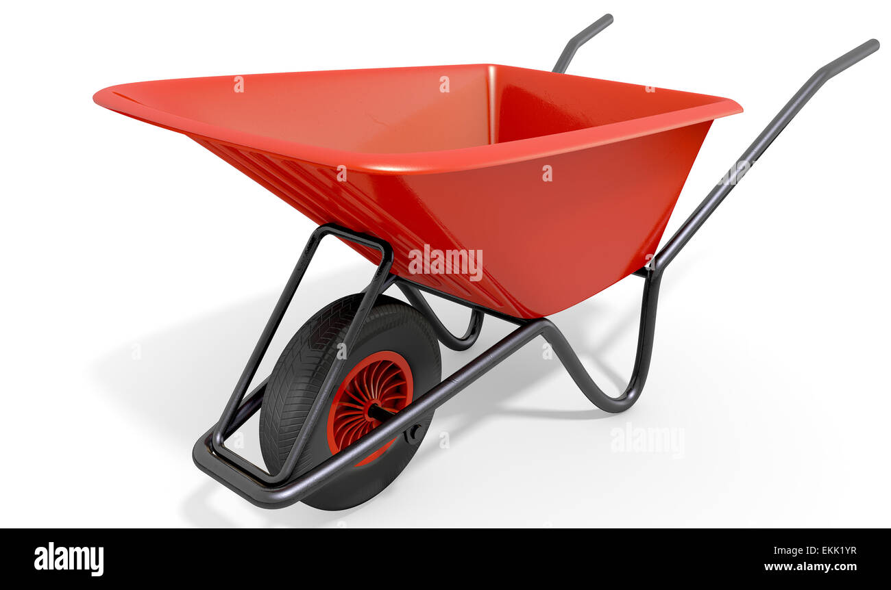 A typical red garden wheelbarrow on an isolated white studio background ...