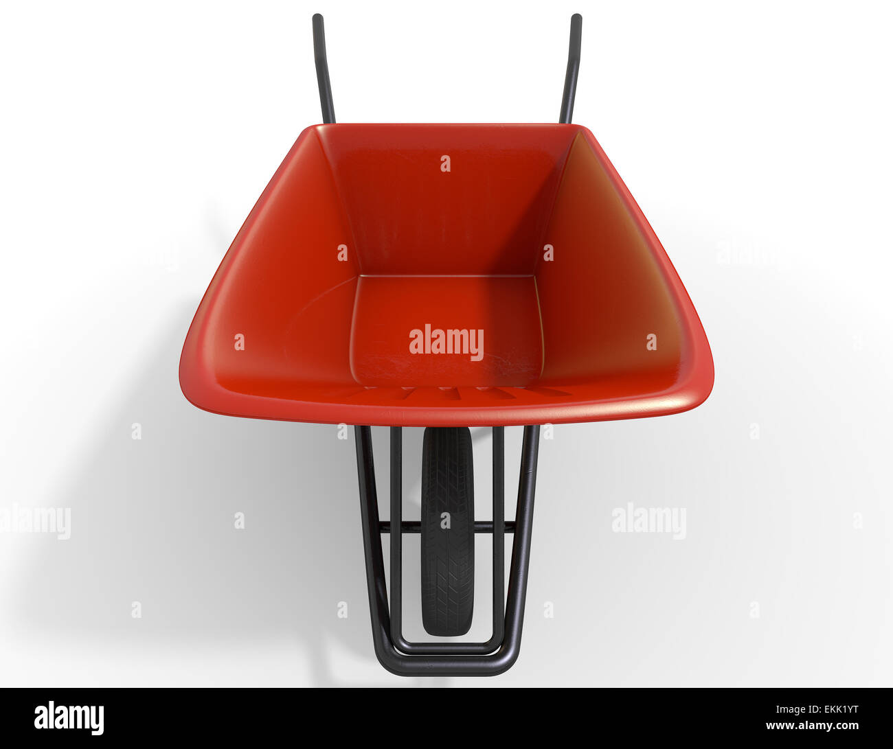 A typical red garden wheelbarrow on an isolated white studio background ...