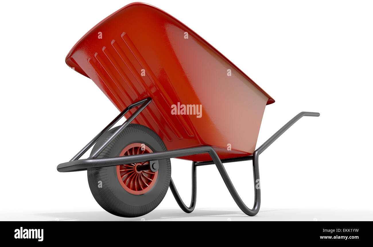 A typical red garden wheelbarrow on an isolated white studio background ...