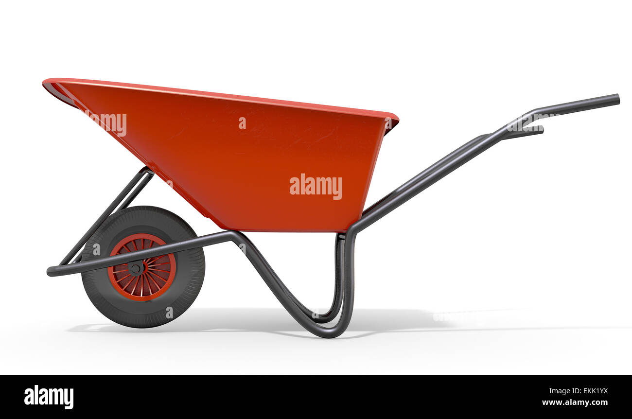 A typical red garden wheelbarrow on an isolated white studio background ...