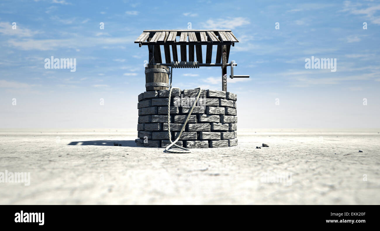A brick water well with a wooden roof and bucket attached to a rope in ...