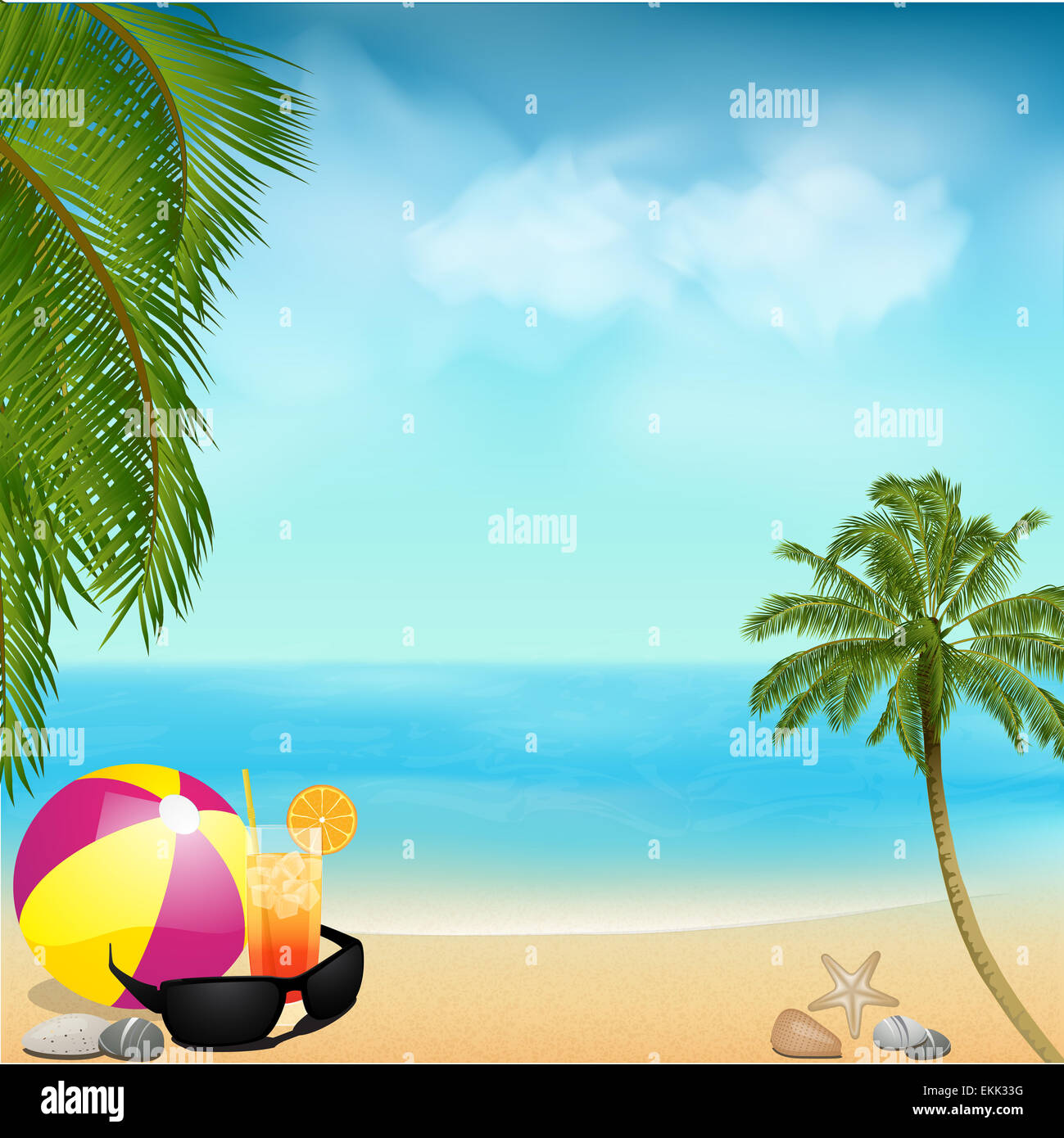 Summer Beach Background with Ball Drink and Sunglasses and Palm Tree ...