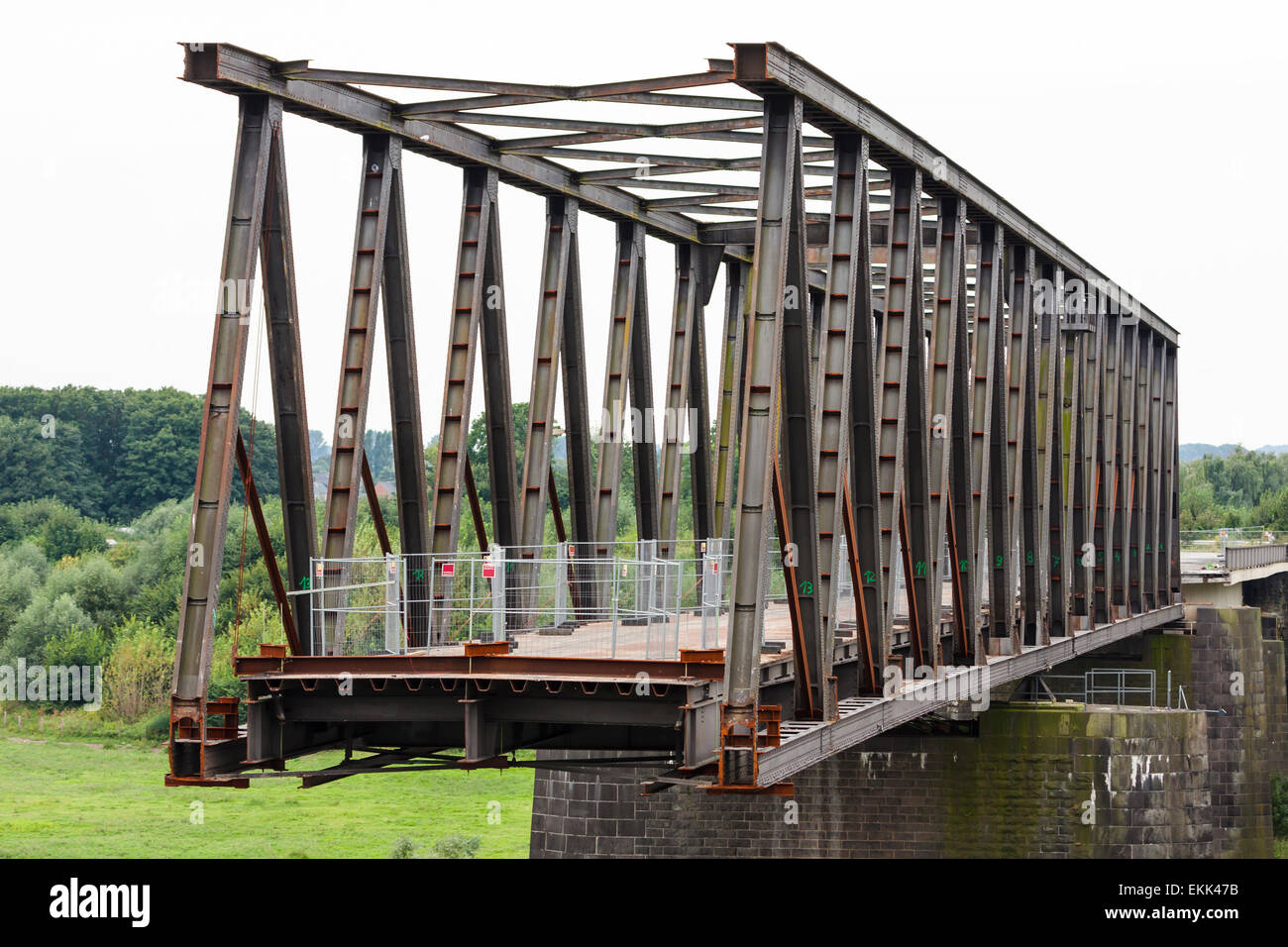 Deconstruction of an old bridge over Rhine river in Wesel, Germany ...