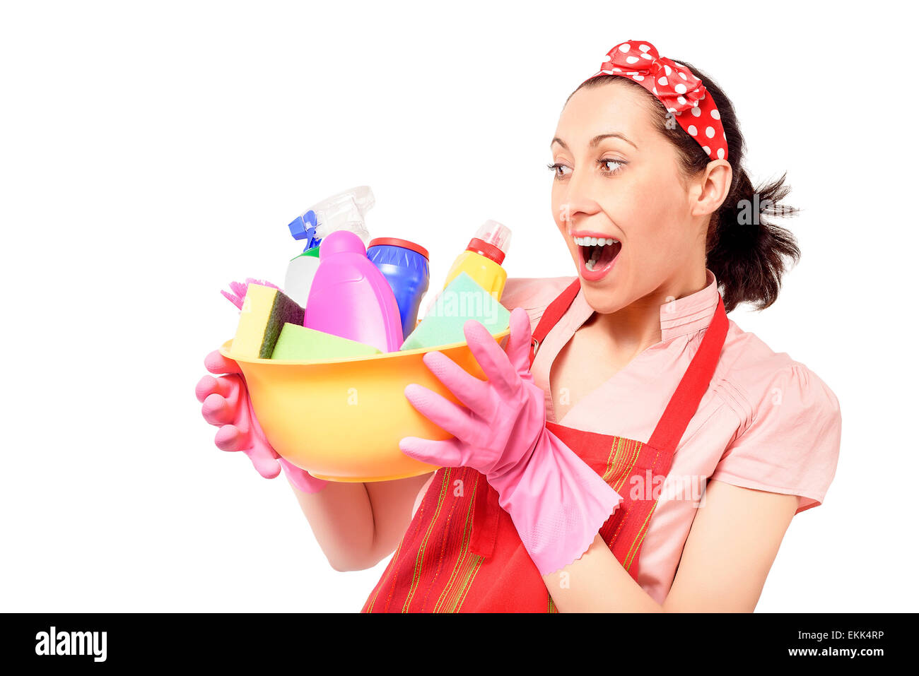 Female cleaner holding bucket with cleaning supplies Stock Photo - Alamy